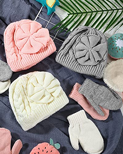 SATINIOR 6 Pieces Baby Winter Hats Infant Winter Warm Knitted Hat Gloves Set Toddler Beanie Mitten Gloves Set Newborn Baby Classic Beanie Warm Knitted Hats with Bow, Gray, White and Pink