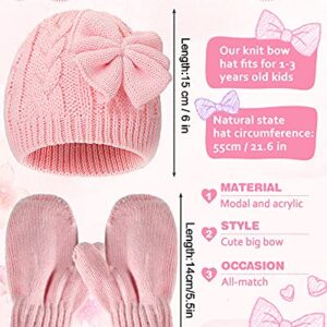 SATINIOR 6 Pieces Baby Winter Hats Infant Winter Warm Knitted Hat Gloves Set Toddler Beanie Mitten Gloves Set Newborn Baby Classic Beanie Warm Knitted Hats with Bow, Gray, White and Pink