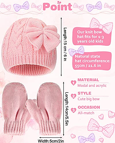 SATINIOR 6 Pieces Baby Winter Hats Infant Winter Warm Knitted Hat Gloves Set Toddler Beanie Mitten Gloves Set Newborn Baby Classic Beanie Warm Knitted Hats with Bow, Gray, White and Pink