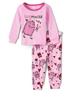 the children’s place baby toddler girls long sleeve top and pants snug fit 100% cotton 2 piece pajama set, pink love monster, 18-24 months