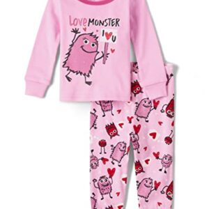 The Children's Place Baby Toddler Girls Long Sleeve Top and Pants Snug Fit 100% Cotton 2 Piece Pajama Set, Pink Love Monster, 18-24 Months