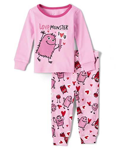 The Children's Place Baby Toddler Girls Long Sleeve Top and Pants Snug Fit 100% Cotton 2 Piece Pajama Set, Pink Love Monster, 18-24 Months