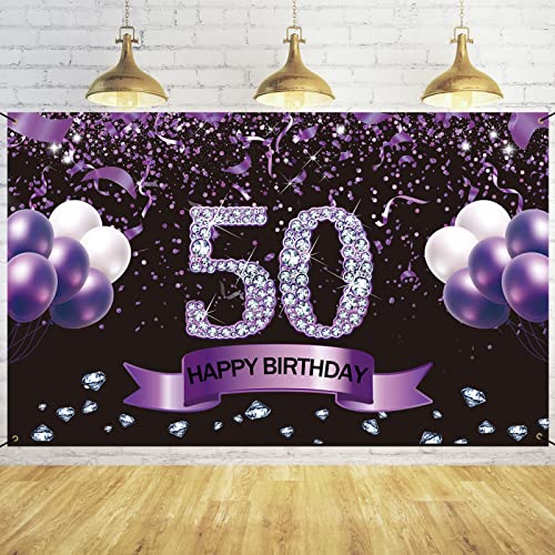 Trgowaul Happy 50th Birthday Decorations for her, Purple Happy 50 Birthday Backdrop Banner for Women, 50 Years Old Bday Party Supplies Photography Background Birthday Sign Poster Decor Gift for Girls