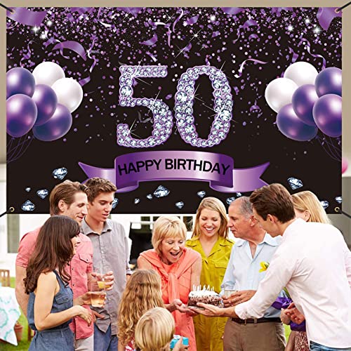 Trgowaul Happy 50th Birthday Decorations for her, Purple Happy 50 Birthday Backdrop Banner for Women, 50 Years Old Bday Party Supplies Photography Background Birthday Sign Poster Decor Gift for Girls