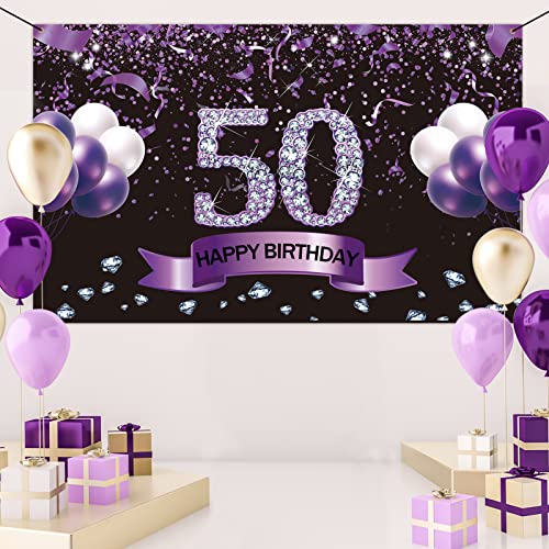 Trgowaul Happy 50th Birthday Decorations for her, Purple Happy 50 Birthday Backdrop Banner for Women, 50 Years Old Bday Party Supplies Photography Background Birthday Sign Poster Decor Gift for Girls