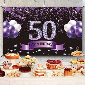 Trgowaul Happy 50th Birthday Decorations for her, Purple Happy 50 Birthday Backdrop Banner for Women, 50 Years Old Bday Party Supplies Photography Background Birthday Sign Poster Decor Gift for Girls