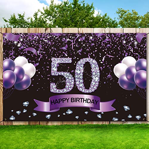 Trgowaul Happy 50th Birthday Decorations for her, Purple Happy 50 Birthday Backdrop Banner for Women, 50 Years Old Bday Party Supplies Photography Background Birthday Sign Poster Decor Gift for Girls