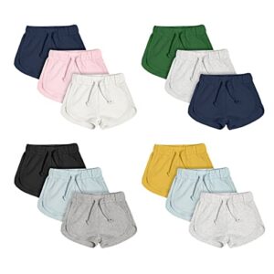 Teach Leanbh Baby Boys Girls 3 Pack Athletic Shorts Cotton Soild Color with Drawstring (6-12 Months, Yellow/Powder Blue/Grey)