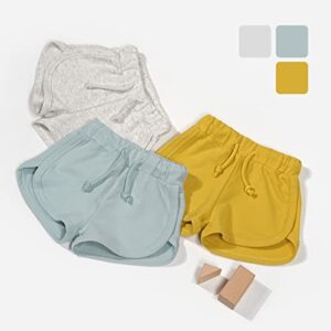 Teach Leanbh Baby Boys Girls 3 Pack Athletic Shorts Cotton Soild Color with Drawstring (6-12 Months, Yellow/Powder Blue/Grey)