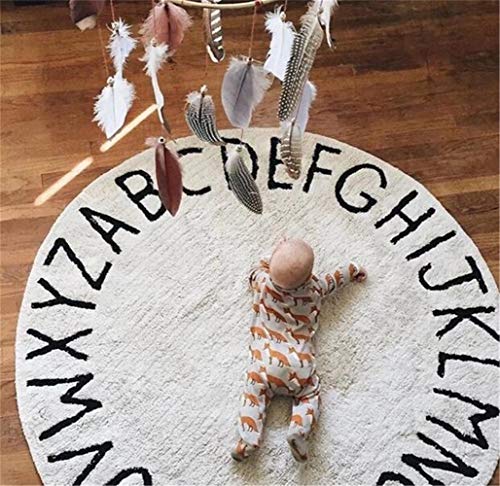 ABC Nursery Rugs Round Kids Rug Circle Alphabet Rug Kids Play Mat for Infants Boys Girls Soft Cotton Carpet Educational Area Rug 47inch (White)