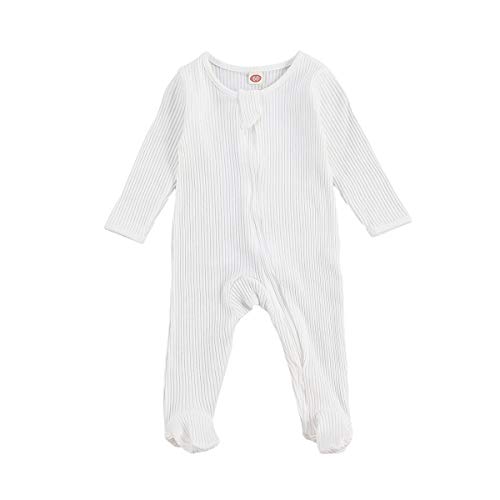 Goelsakurara Newborn Baby Boy Girl Romper Bodysuit Long Sleeve Footie Onesie Jumpsuit Ribbed Fall Winter Clothes Outfit (C-Zipper White,0-3 Months)