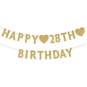 gold happy 28th birthday banner, glitter 28 years old woman or man party decorations, supplies