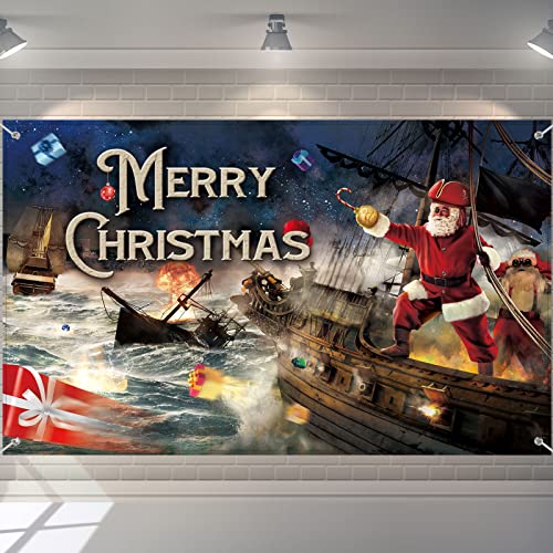 Christmas Pirate Santa Backdrop Santa Claus Background Merry Christmas Photography Backdrop Xmas Pirate Ship Background for Winter Holiday Home Decoration Xmas Party Photo Props, 43.3 x 72.8 Inch