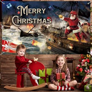 Christmas Pirate Santa Backdrop Santa Claus Background Merry Christmas Photography Backdrop Xmas Pirate Ship Background for Winter Holiday Home Decoration Xmas Party Photo Props, 43.3 x 72.8 Inch