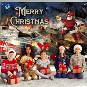 Christmas Pirate Santa Backdrop Santa Claus Background Merry Christmas Photography Backdrop Xmas Pirate Ship Background for Winter Holiday Home Decoration Xmas Party Photo Props, 43.3 x 72.8 Inch