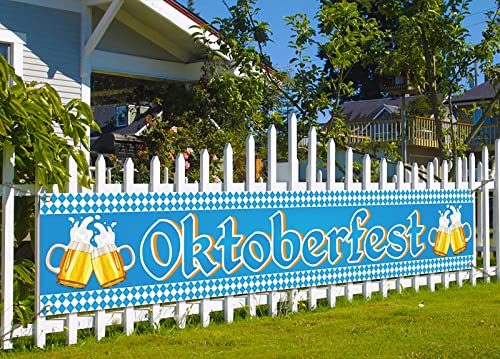 Nepnuser Oktoberfest Fence Banner for German October Fest Themed Party Decoration Blue Bavarian Flag Check Hanging Banners for Beer Party Supply