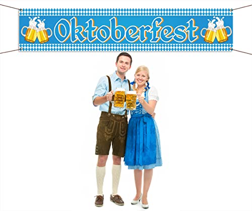 Nepnuser Oktoberfest Fence Banner for German October Fest Themed Party Decoration Blue Bavarian Flag Check Hanging Banners for Beer Party Supply