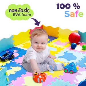 Baby Play Mat with Fence - Baby mats for Playing with Foam Animals, and Tiles. Playmat for Kids, Toddlers, & Infants. Tummy Time mat, Ball Pit, Floor Activity Center Gym 57"x 57", Over 74" Across!