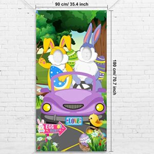 Easter Party Decorations Bunnies in Motion Photo Door Banner, Large Fabric Easter Backdrop Photo Door Banner Background, Funny Egg Hunt Game Supplies for Easter Party Decorations, 6 x 3 Feet