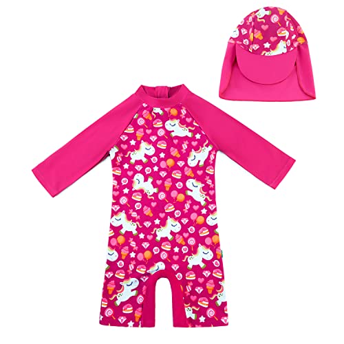 Baby/Toddler Girls Rash Guard Swimsuit UPF 50+ Sun Protection Long Sleeve One Piece Swimwear (Rose,18-24 Months)