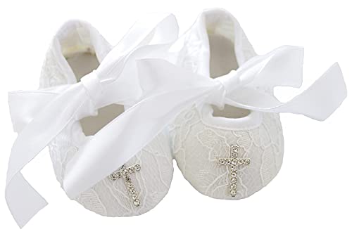 LilPinkGoose 0-18M Ivory & White Baby Girls Newborn Lace Baptism Shoes Toddler Wedding Dress Shoes (White Shoes with Cross, us_Footwear_Size_System, Infant, Women, Age, Medium, 0_Months)