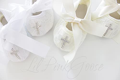 LilPinkGoose 0-18M Ivory & White Baby Girls Newborn Lace Baptism Shoes Toddler Wedding Dress Shoes (White Shoes with Cross, us_Footwear_Size_System, Infant, Women, Age, Medium, 0_Months)