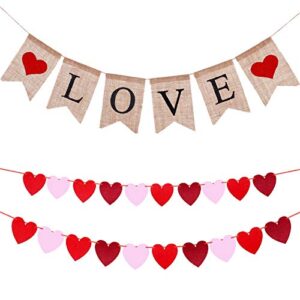 3 pieces valentines day banner decoration love burlap banner felt heart garland red pink heart banner for valentines day wedding engagement anniversary party supplies