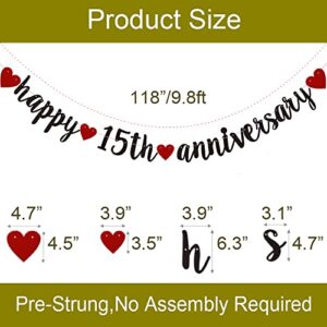 Happy 15th Anniversary Banner, Pre-Strung,Black Glitter Paper Garlands for 15th Wedding Anniversary Party Decorations Supplies, No Assembly Required,(Black)SUNbetterland