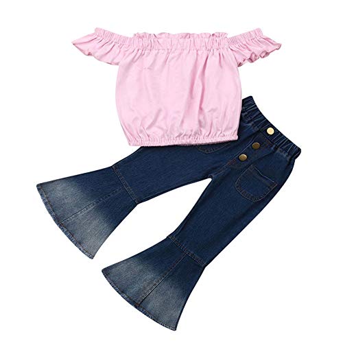 preetyyou Toddler Baby Girl Clothes Off Shoulder Tube Top Shirt Bell Bottom Jeans Pants Summer Outfits (Pink, 3-4T)