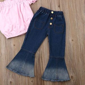 preetyyou Toddler Baby Girl Clothes Off Shoulder Tube Top Shirt Bell Bottom Jeans Pants Summer Outfits (Pink, 3-4T)