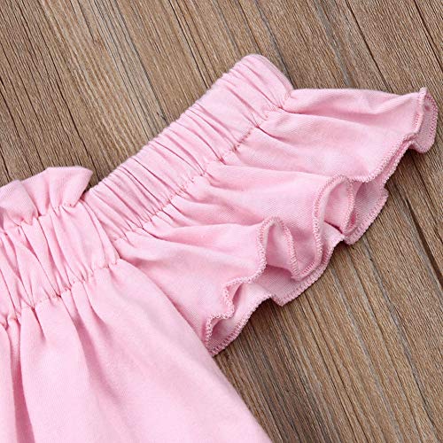 preetyyou Toddler Baby Girl Clothes Off Shoulder Tube Top Shirt Bell Bottom Jeans Pants Summer Outfits (Pink, 3-4T)