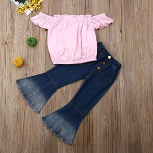 preetyyou Toddler Baby Girl Clothes Off Shoulder Tube Top Shirt Bell Bottom Jeans Pants Summer Outfits (Pink, 3-4T)