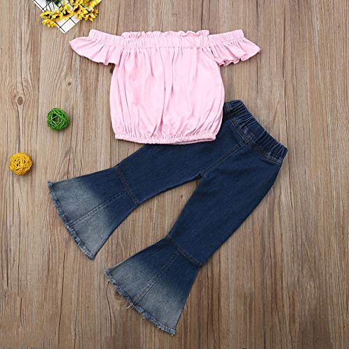 preetyyou Toddler Baby Girl Clothes Off Shoulder Tube Top Shirt Bell Bottom Jeans Pants Summer Outfits (Pink, 3-4T)