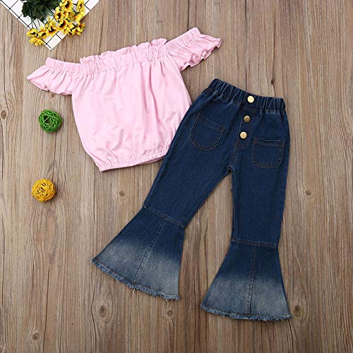 preetyyou Toddler Baby Girl Clothes Off Shoulder Tube Top Shirt Bell Bottom Jeans Pants Summer Outfits (Pink, 3-4T)