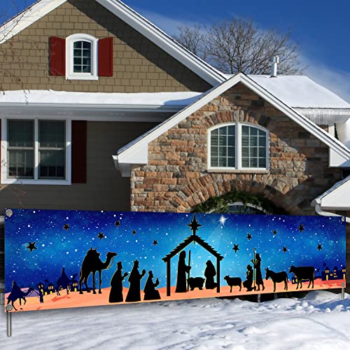 Holy Nativity Christmas Decorations Banner Manger Scene Religious Christmas Yard Sign Banner for Merry Christmas Xmas Outdoor Decorations