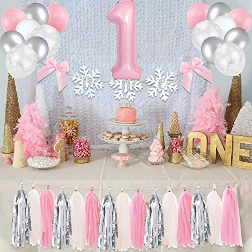 Winter 1st Birthday Girl Decoration One Snowflake Banner High Chair Pink Bow Garland Foil Balloon Paper Tassel Princess Cake Smash Supplies