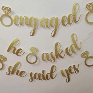 Engagement Party Banners Glitter Gold Letters He Asked She Said Yes Garland for Wedding Engagement Party Hen Party Bridal Shower Bachelorette Party Favor Party Decoration Supplies (GOLD)