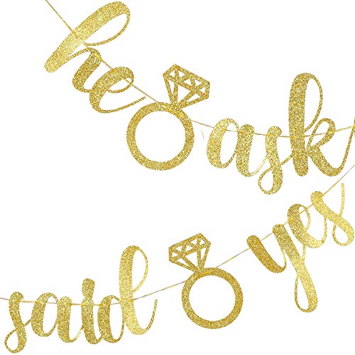 Engagement Party Banners Glitter Gold Letters He Asked She Said Yes Garland for Wedding Engagement Party Hen Party Bridal Shower Bachelorette Party Favor Party Decoration Supplies (GOLD)