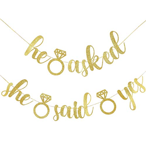 Engagement Party Banners Glitter Gold Letters He Asked She Said Yes Garland for Wedding Engagement Party Hen Party Bridal Shower Bachelorette Party Favor Party Decoration Supplies (GOLD)