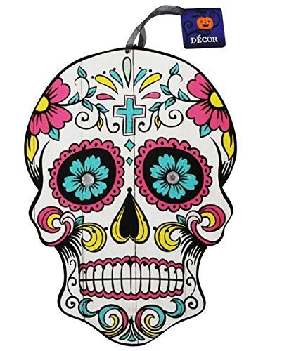 Halloween Decoration Day of The Dead Sugar Skull Hanging Wall Sign, 9.5x13 in (Cross)