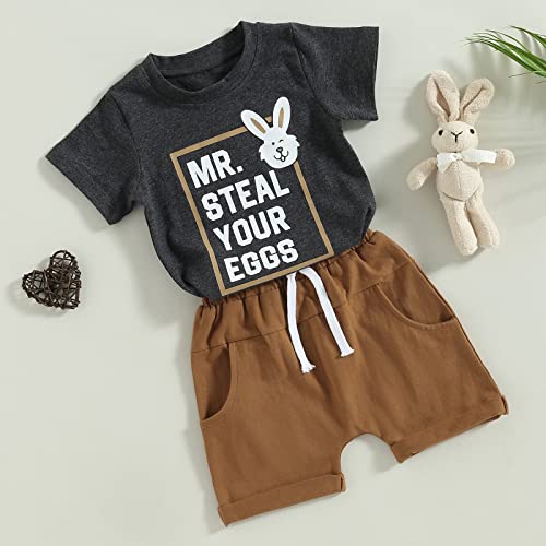 Adobabirl Easter Baby Boy Outfit Mr Steal Your Eggs Bunny Tshirt Solid Shorts Set Toddler Boy Easter Outfit Summer Clothes (D Easter Bunny Outfit Grey,3-4T)