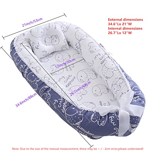 Vohunt Baby Lounger for Newborn,100% Cotton Co-Sleeper for Baby in Bed with Handles,Newborn Lounger Adjustable Size & Strong Zipper Lengthen Space to 3 Tears Old(Elephant Blue)