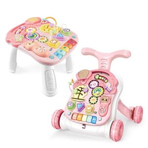 baby learning walker sit-to-stand baby walker with wheels entertainment table kids early educational activity center, baby push walkers for boys and girls, pink