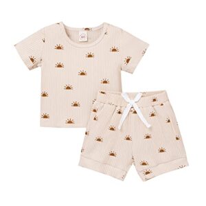 aweyoo baby boy girl summer clothes set sun print ribbed crew neck short sleeve t-shirt tops + shorts 3-6 months