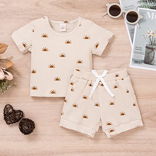 Aweyoo Baby Boy Girl Summer Clothes Set Sun Print Ribbed Crew Neck Short Sleeve T-shirt Tops + Shorts 3-6 Months