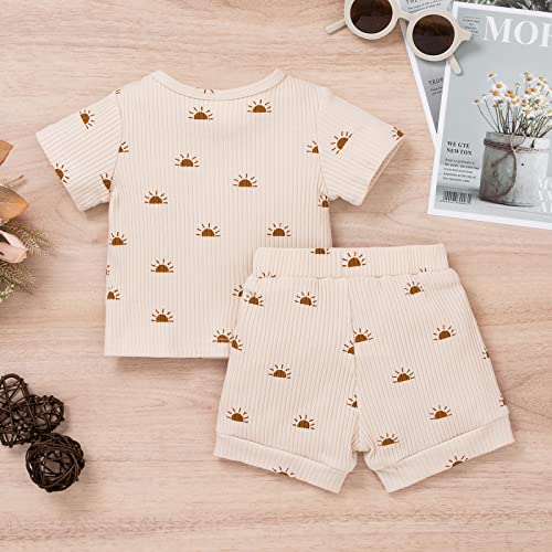 Aweyoo Baby Boy Girl Summer Clothes Set Sun Print Ribbed Crew Neck Short Sleeve T-shirt Tops + Shorts 3-6 Months