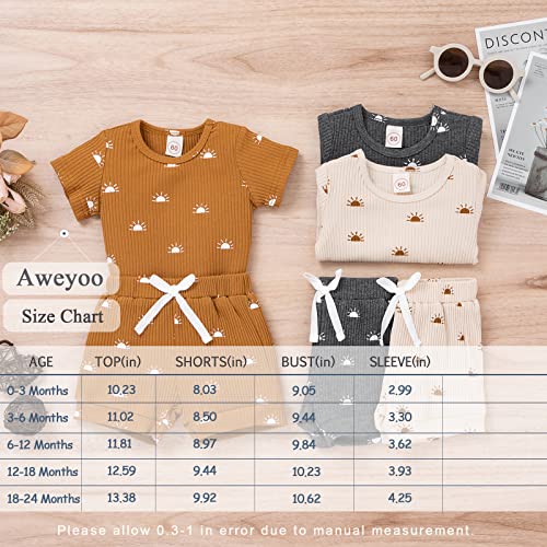 Aweyoo Baby Boy Girl Summer Clothes Set Sun Print Ribbed Crew Neck Short Sleeve T-shirt Tops + Shorts 3-6 Months