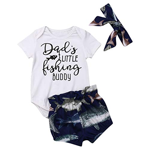 Newborn Infant Baby Girls Boys Clothes Letter Print Romper Bodysuit Cute Fishing Ruffles Shorts Pants Headband Outfits Set (White, 6-12 Months)