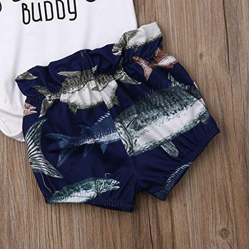 Newborn Infant Baby Girls Boys Clothes Letter Print Romper Bodysuit Cute Fishing Ruffles Shorts Pants Headband Outfits Set (White, 6-12 Months)