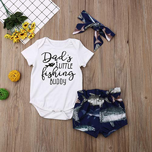 Newborn Infant Baby Girls Boys Clothes Letter Print Romper Bodysuit Cute Fishing Ruffles Shorts Pants Headband Outfits Set (White, 6-12 Months)